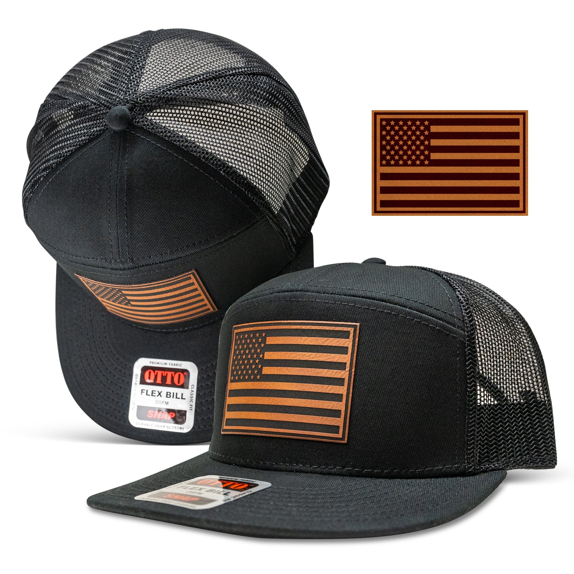USA Flag Hat - Stars & Stripes Leatherette Patch - Rawhide on Black ...